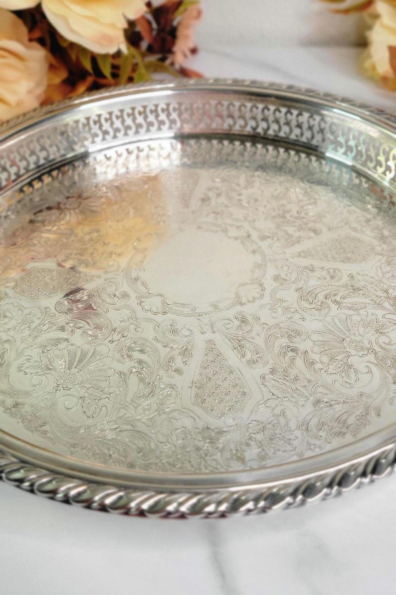 Vintage Oneida Round Silverplate Serving Tray - Gallery Rim and Etched ...