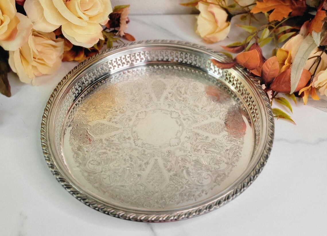 Vintage Oneida Round Silverplate Serving Tray - Gallery Rim and Etched ...