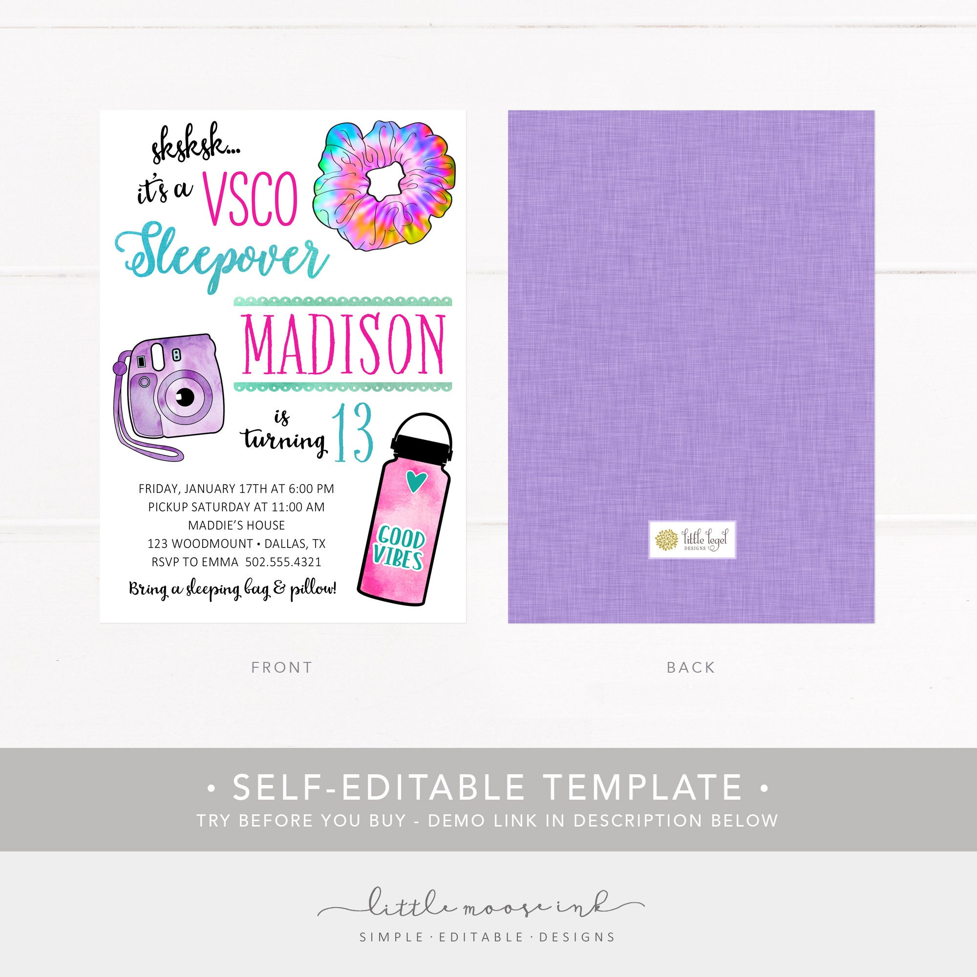 VSCO Sleepover Invitation. EDITABLE Template. Camera, Hydro Scrunchie ...