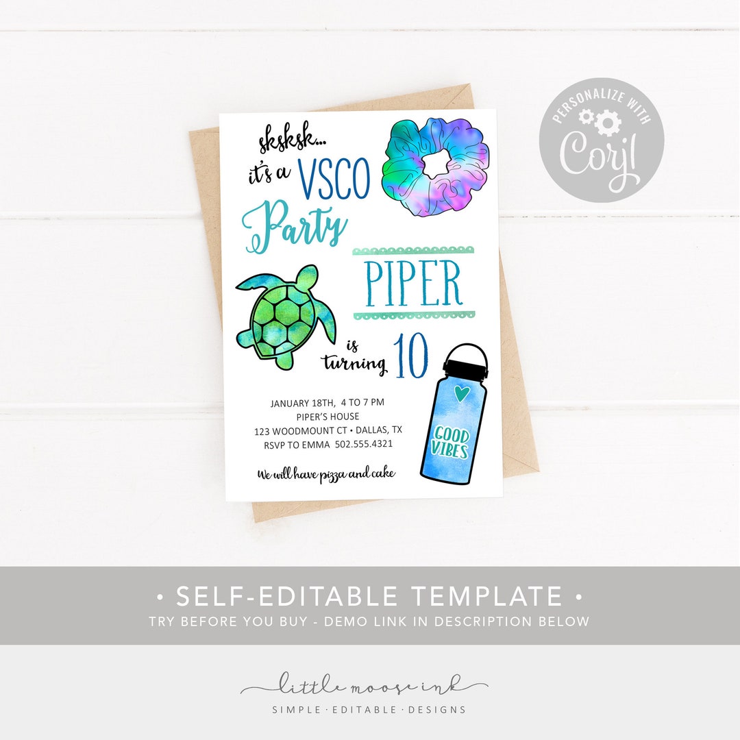 VSCO Party Invitation. EDITABLE Template. Turtle Hydro - Etsy