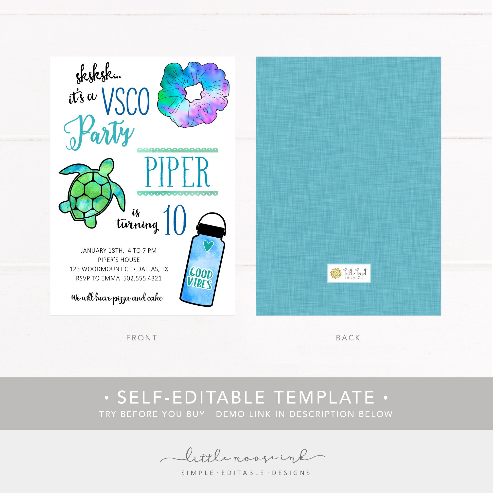 VSCO Party Invitation. EDITABLE Template. Turtle Hydro - Etsy