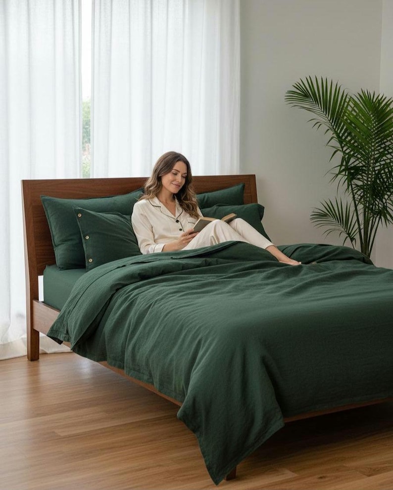 Forest Green Linen Duvet Cover Set, 100% Pure Cotton Bedding - Etsy