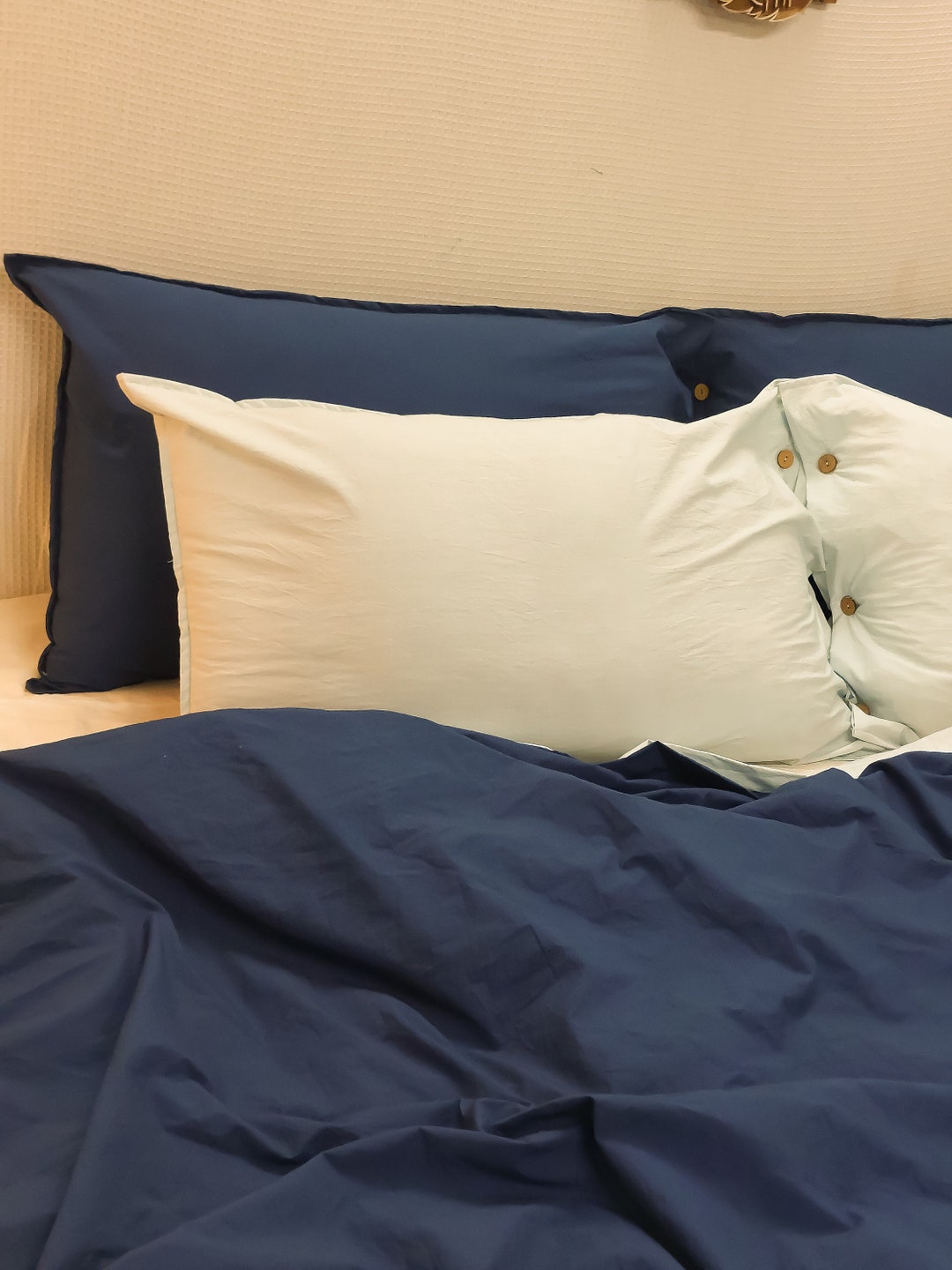 Blue and Cream Linen Duvet Cover / Dual Color Duvet Cover With 4 Pillow ...