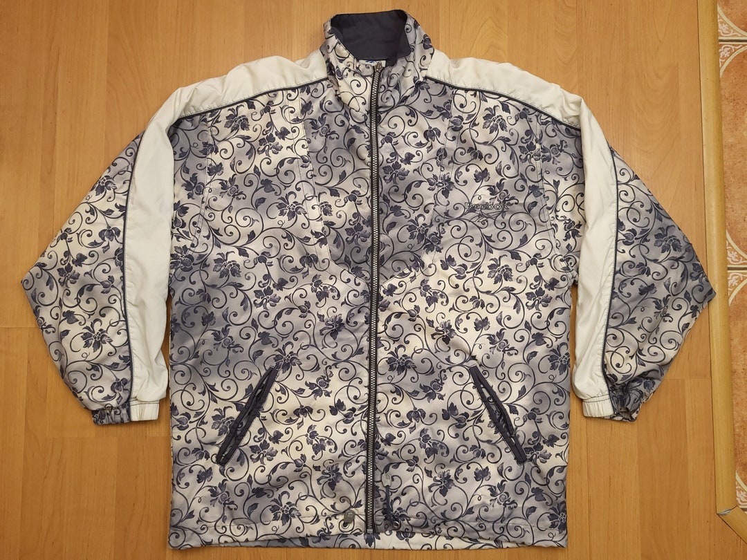 Vintage Reebok Classic Floral Pattern Zip up Track Top Cream White Grey ...