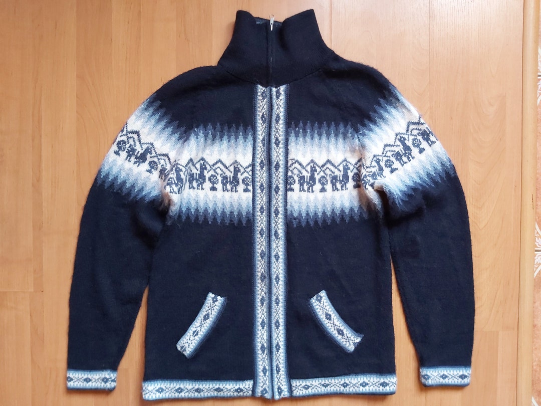 Vintage Baby Alpaca Men's Full Zip High Neck Ethnic Sweater Handwoven ...