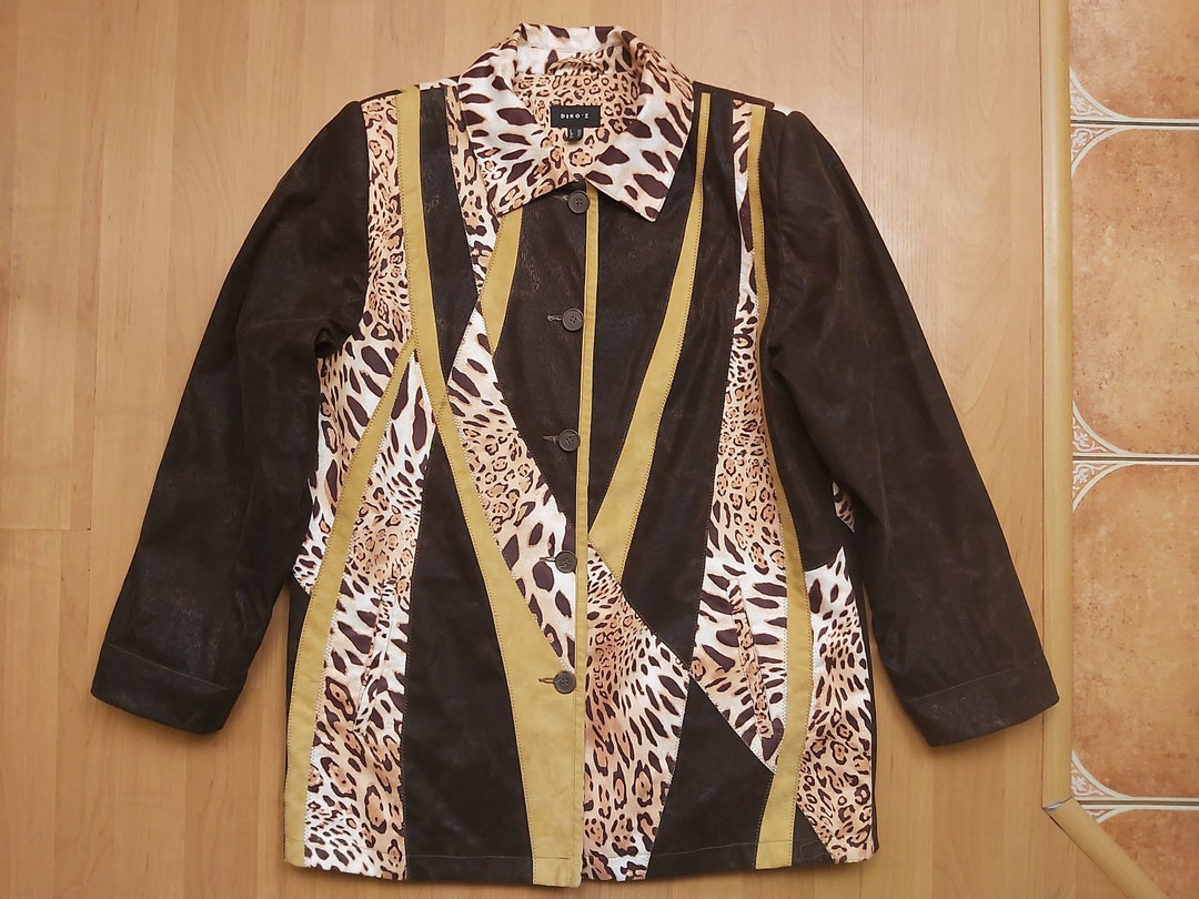 Vintage Dinoz Suede Leopard Print Patchwork Jacket Boho Geometric ...
