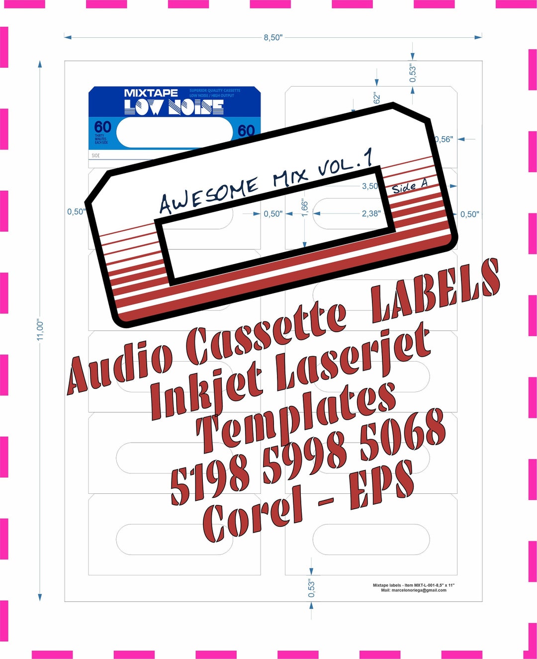 Audio Cassette Tape Label Template EPS File Vector 8.5 X11 Avery ...