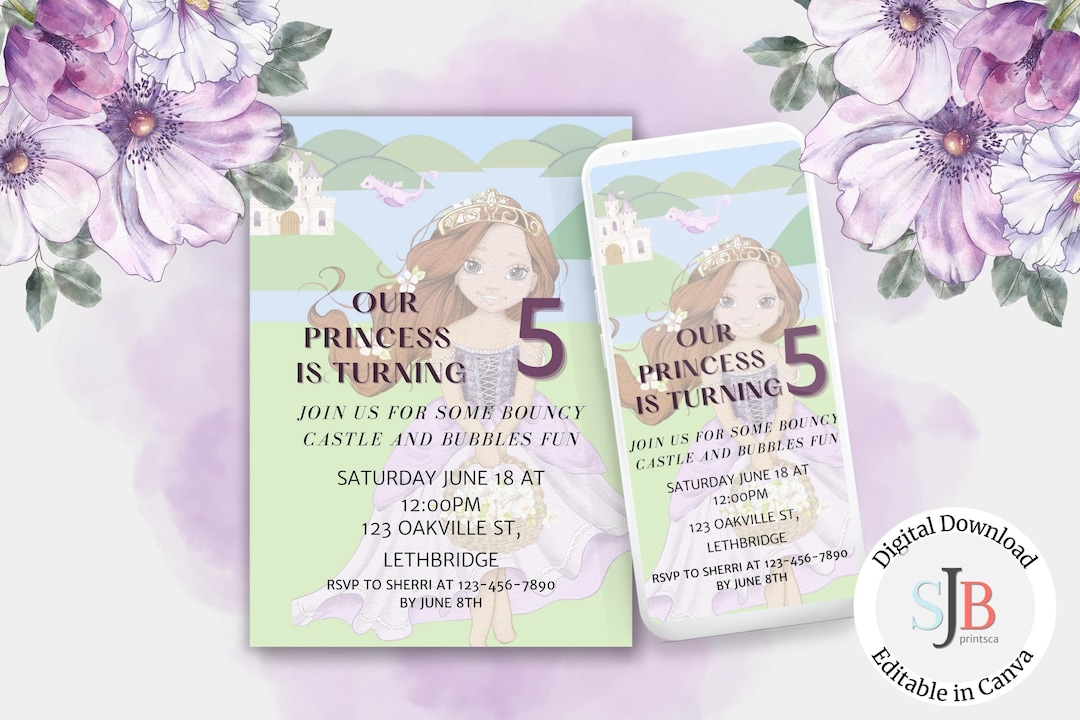 Princess 5th Birthday Invitation Template, Girl Birthday Party ...