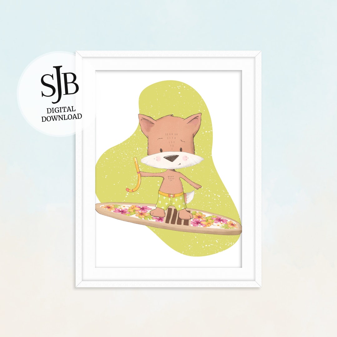 Fox Surfing Nursery Print, Instantly Downloadable Print, Printable Wall ...
