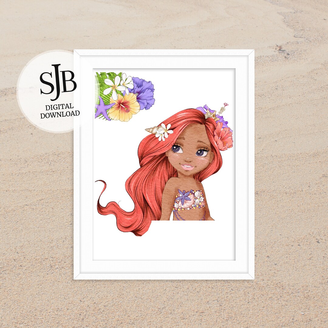 Red Hair Mermaid Headshot Girl Room, Beautiful Surfer Nursery Print ...