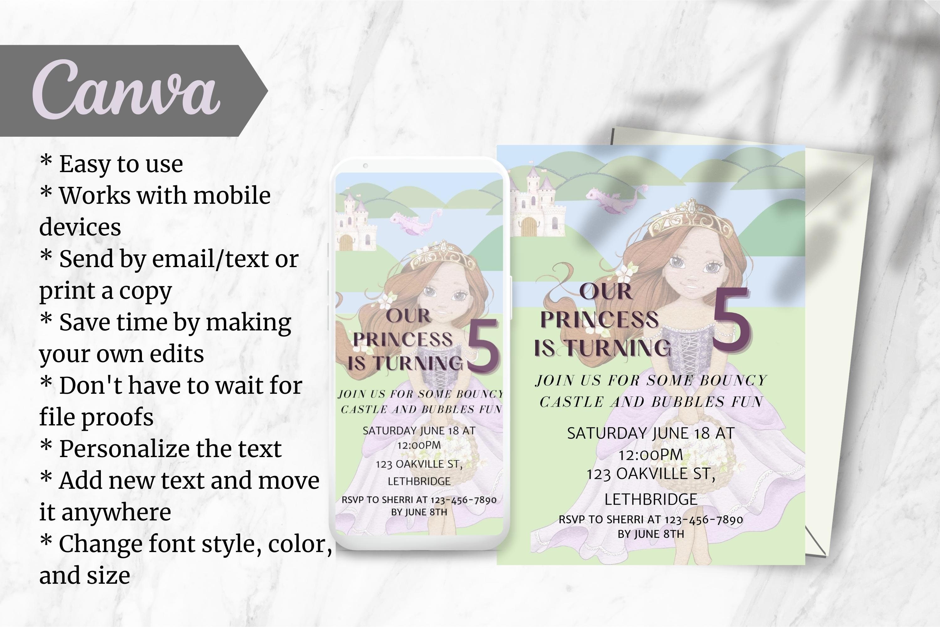 Princess 5th Birthday Invitation Template, Girl Birthday Party ...