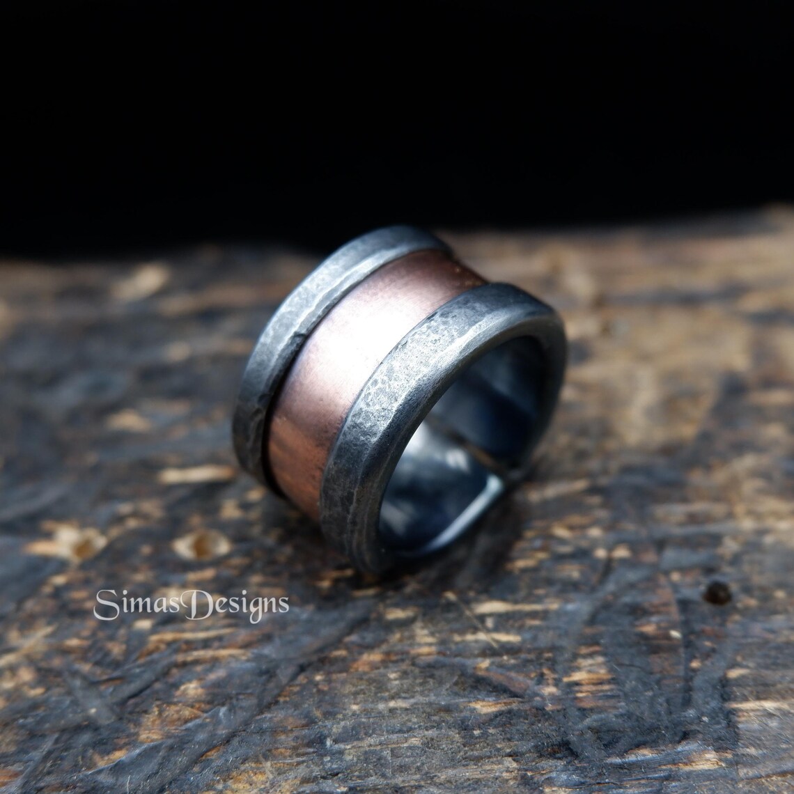 Brutalist Iron and Copper Ring, Hammered Ancient Ring, Wide Hand Forged ...