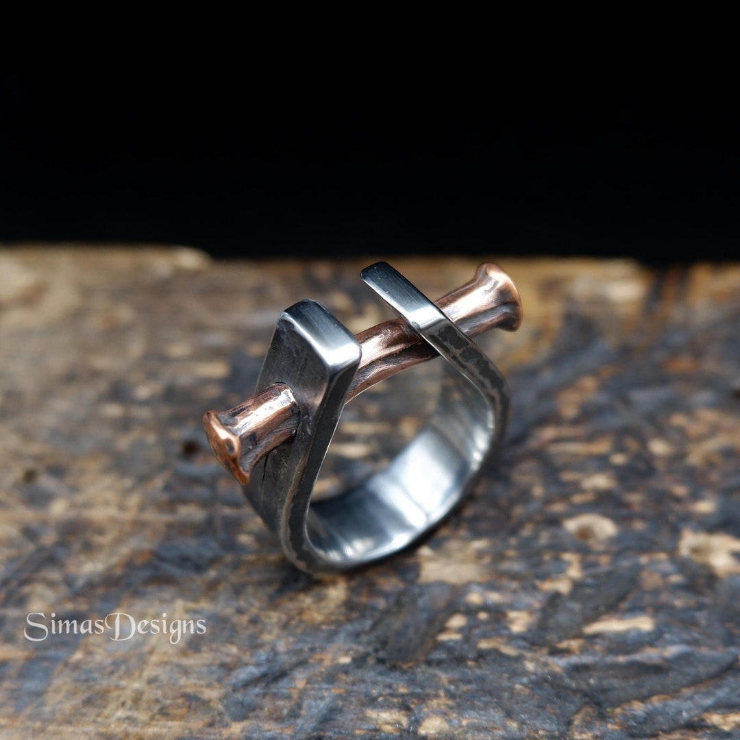 Stainless Steel and Copper Hand Forged Ring, Blacksmith Made Jewelry ...