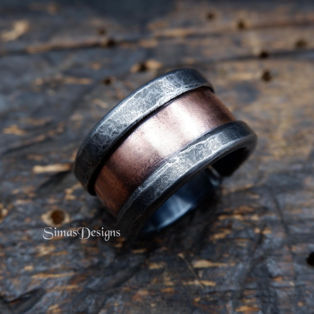 Brutalist Iron and Copper Ring, Hammered Ancient Ring, Wide Hand Forged Men's Ring, Unique 6th ...