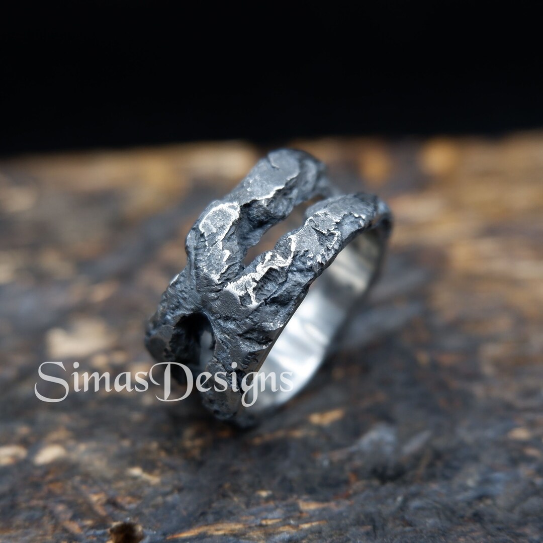 Textured Holes Ring, Dark Lava Molten Stainless Steel Ring, Hand Forged ...