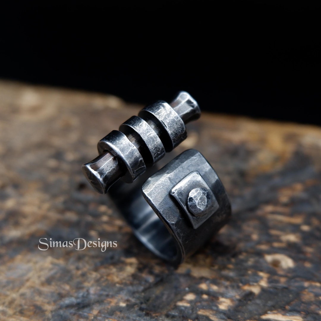 Hand Forged Iron Ring, Industrial Design Men's Ring, Unique Hammered ...