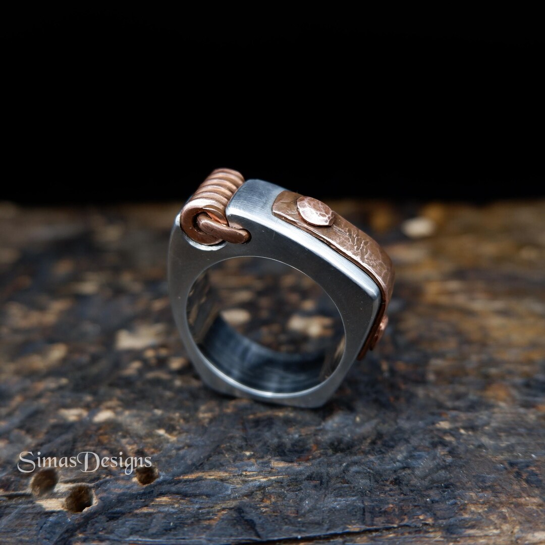 Solid Industrial Style Stainless Steel and Copper Signet Men's Ring ...