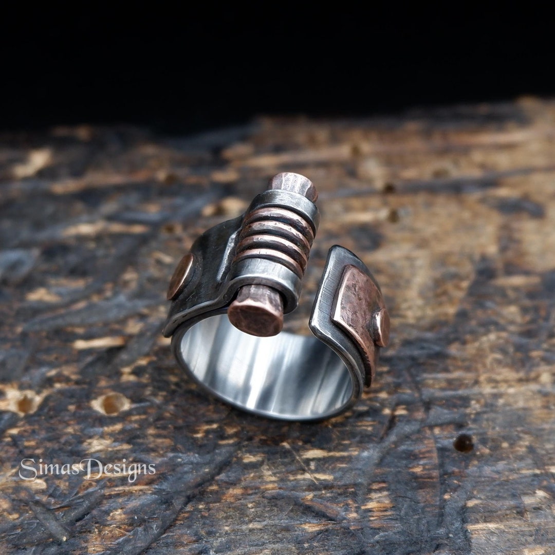 Brutalist Industrial Steampunk Men's Ring, Stainless Steel and Copper ...