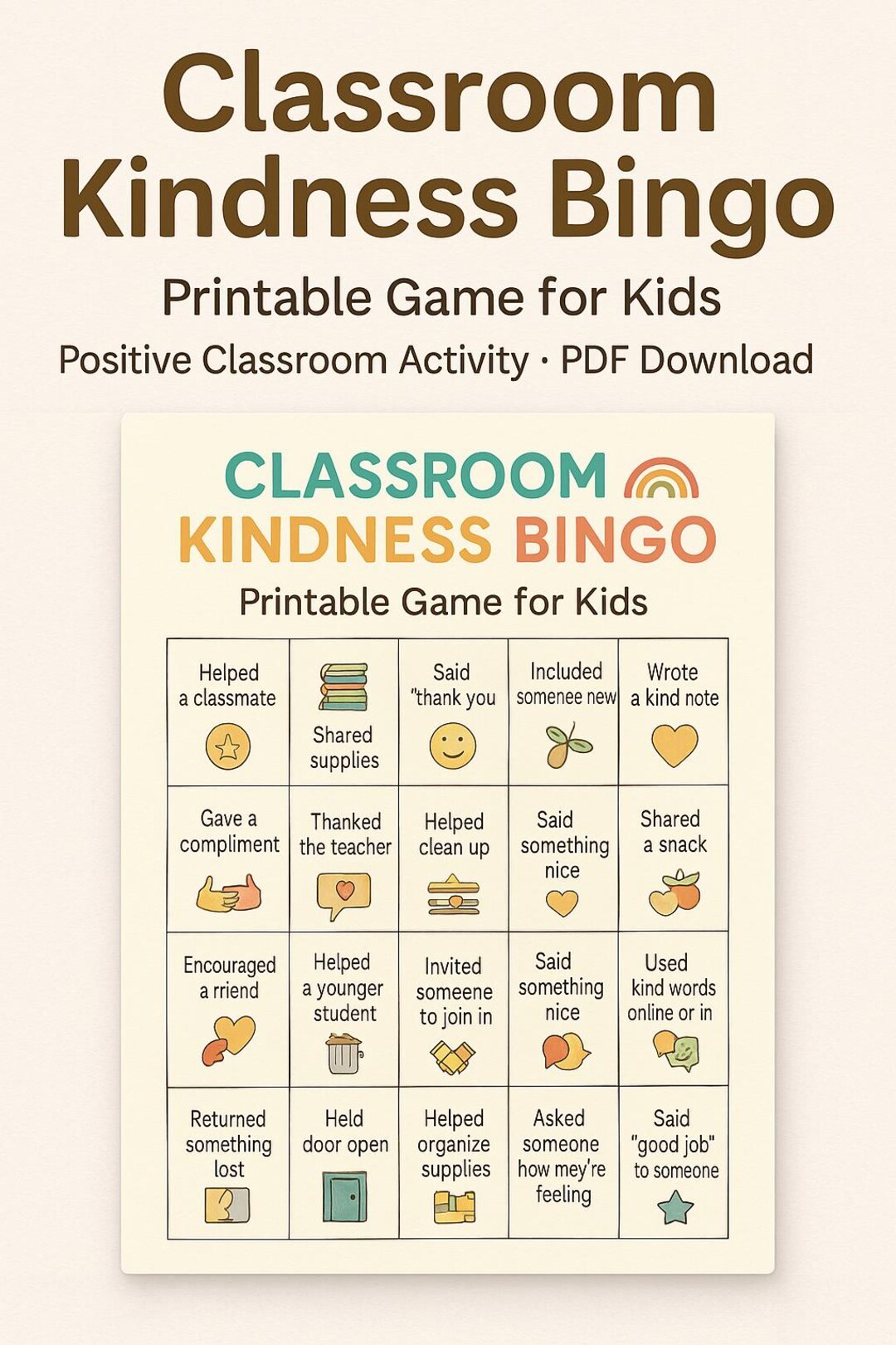 Classroom Kindness Bingo | Printable Game, Positive Activity (PDF) - Etsy