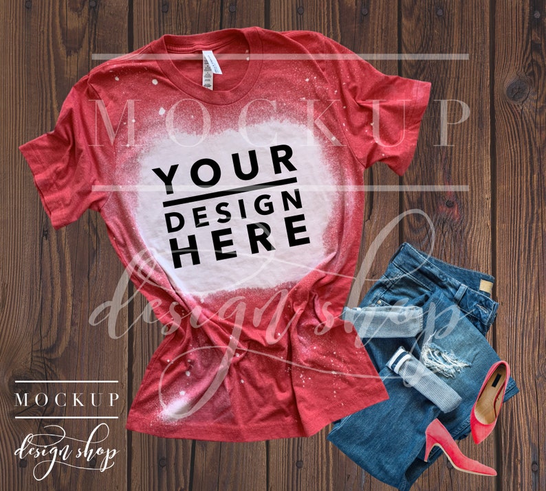 BLEACH Bella Canvas 3001 Heather RED Mockup / Bleached T Shirt ...