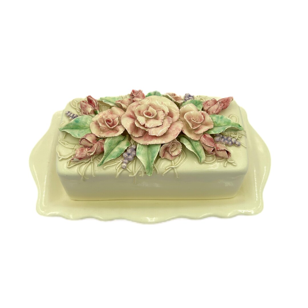 Vintage Ceramic Pink Rose Butter Dish 90s Applied Roses Green Leaves ...