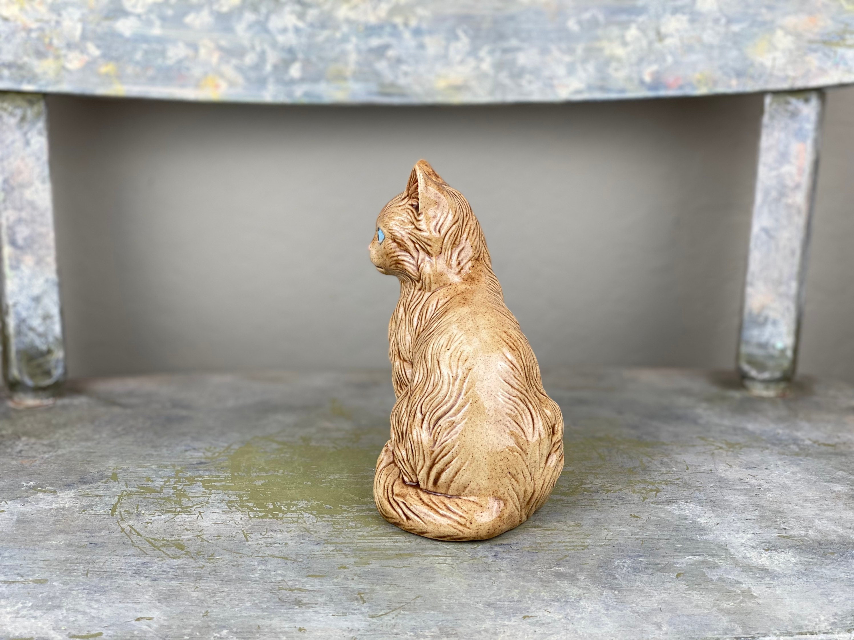 Unsigned Studio Pottery Cat-kitten Figurine Brown Kitten With Green ...