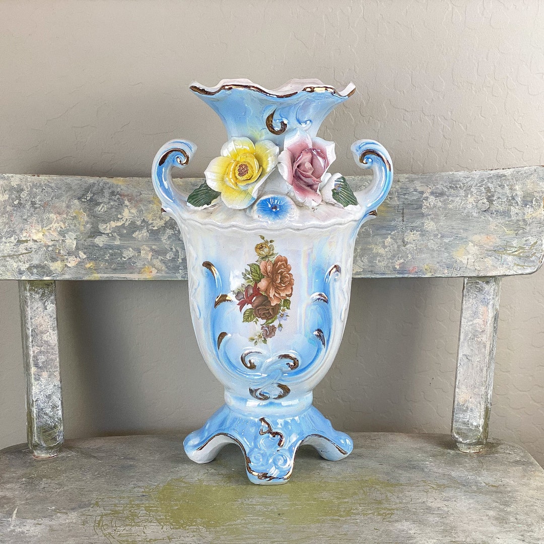 Vintage Large Lustreware Vase With Applies Flowers With Handles 13 ...