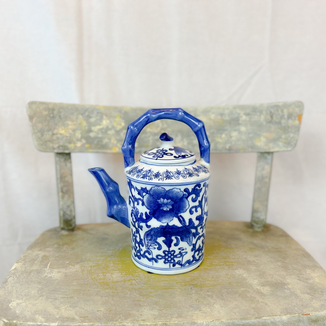Chinese Porcelain Pitcher Blue and White Decorative With Bamboo Handle ...