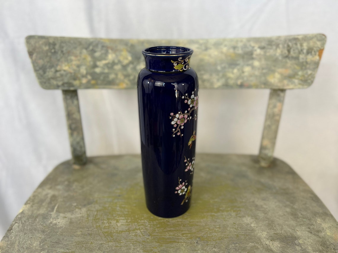 Vintage Navy Blue ARTMARK Vase. Blue With Cherry Blossoms and Birds ...