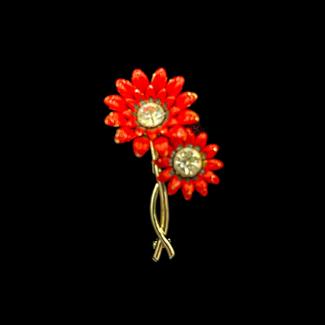 Vintage Red Poppy Enamel Brooch Clear Rhinestone Costume Jewelry 2.50 ...