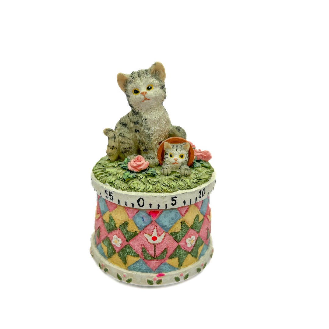 Vintage 90s Kitchen Timer With Gray Kitty Cat and Kitten Flower Pot ...