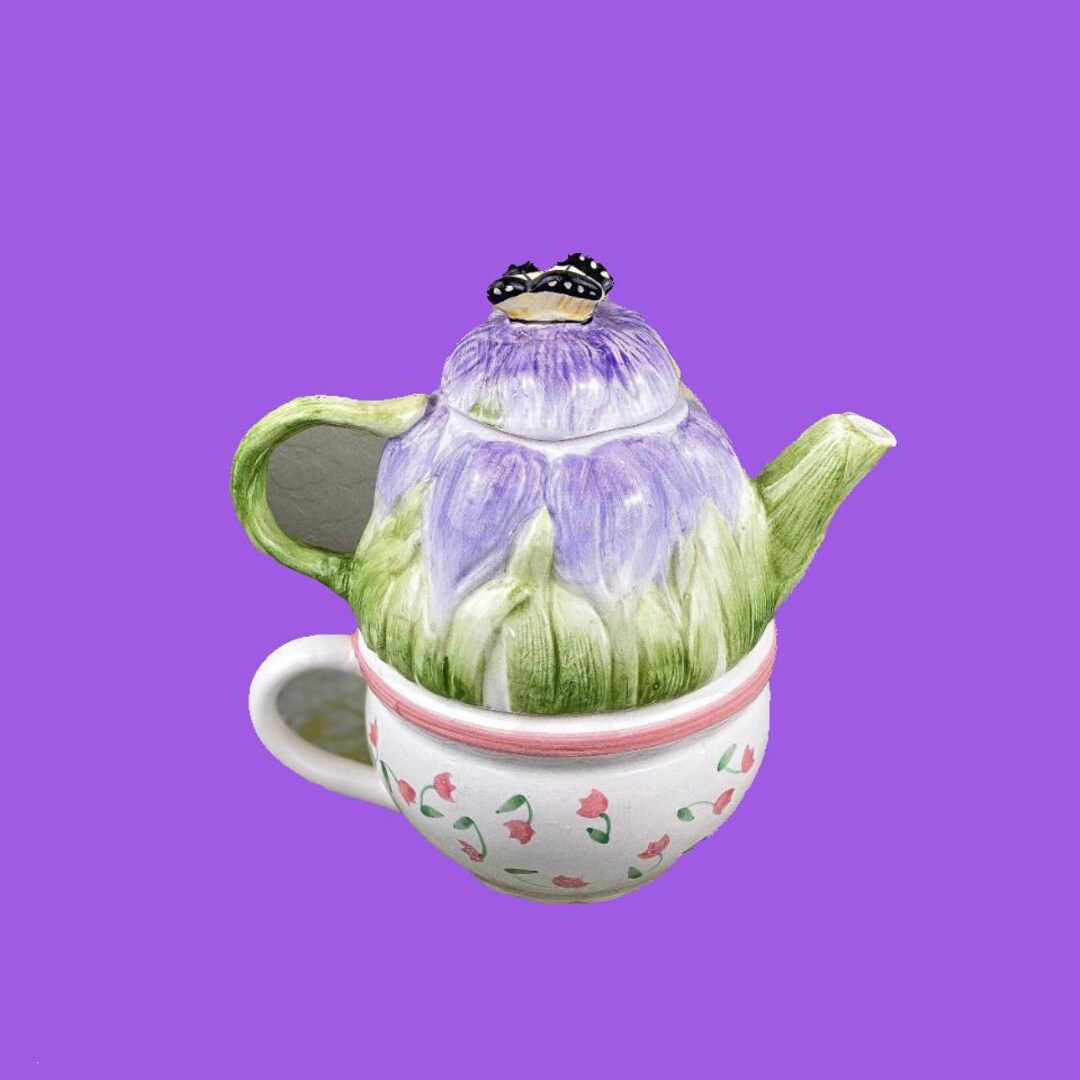 Vintage 1990s "tea for One" 3-piece Ceramic Stacking Purple Floral ...