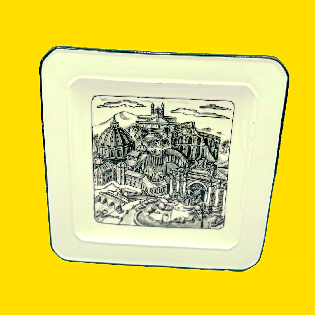 Vintage Brunelli Cities Roma Square Plate, Black & White Rome Cityscape ...
