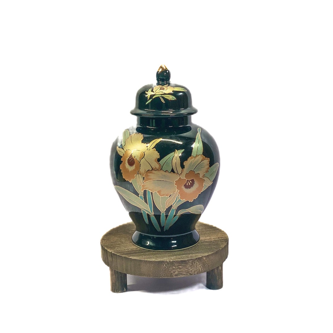 Vintage Japanese Ginger Jar Black With Beautiful Pink Floral / Flower ...