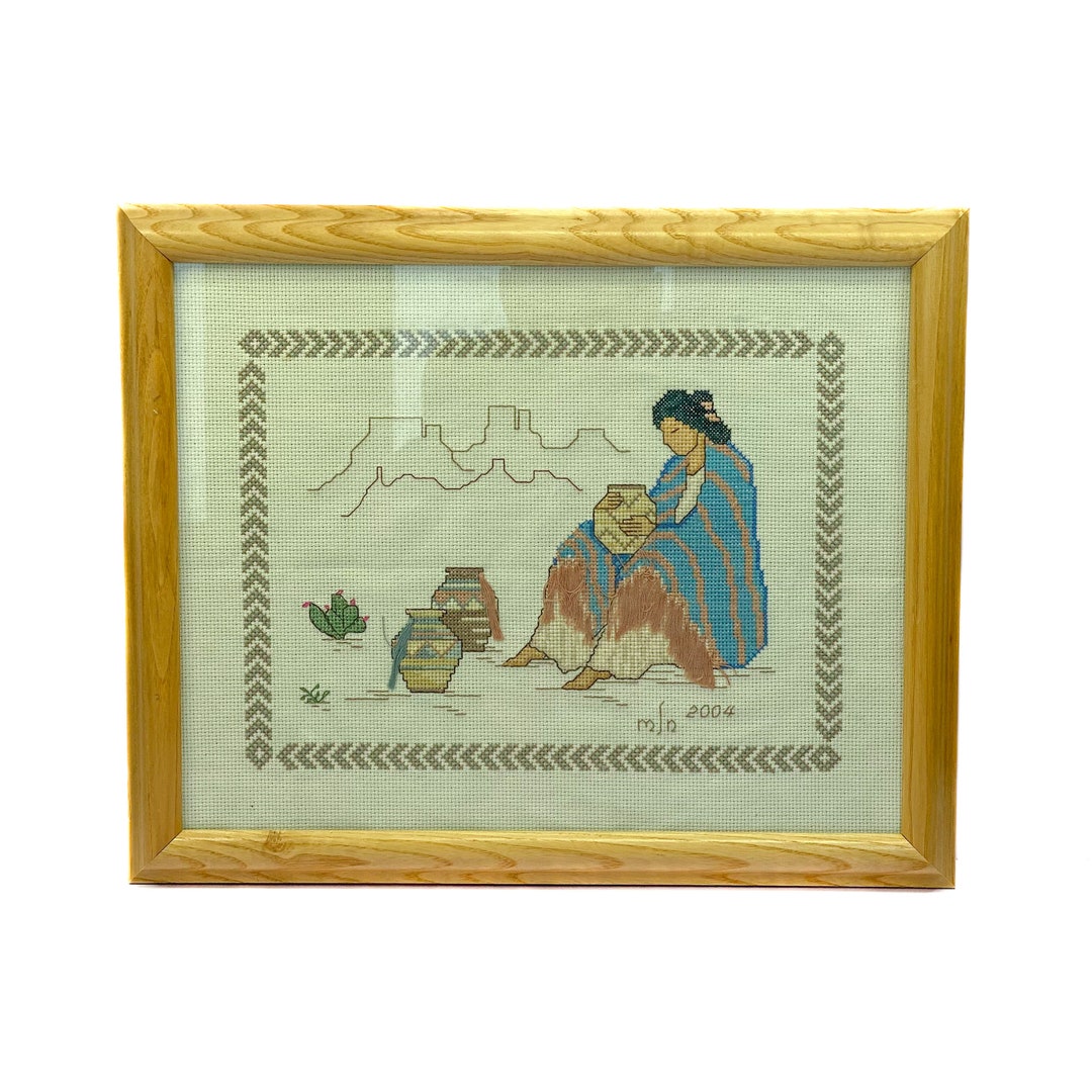 Vintage Framed Native American Art Framed Needlepoint Cross Stitch ...