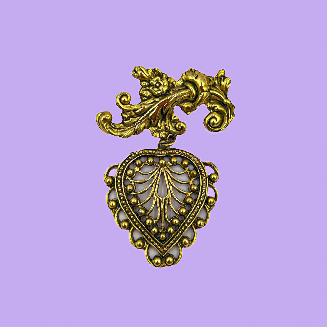 Vintage Ornate Gold Tone Filigree Heart Brooch Pin - Baroque Rococo ...