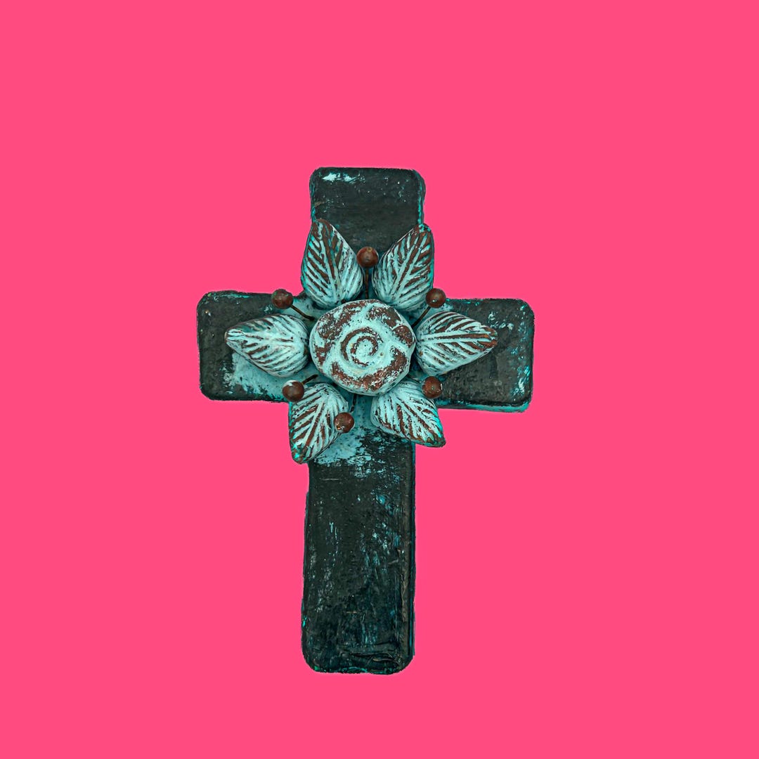 Vintage Handmade Clay Cross With Floral & Leaf Design - Rustic Wall ...