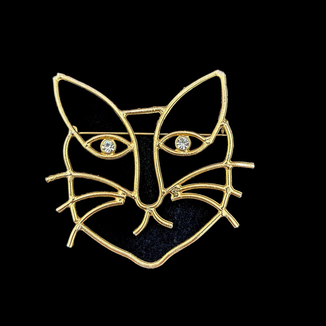 Vintage Large Gold Cat Face Outline Design Pin Brooch Crystal Eyes Wire ...