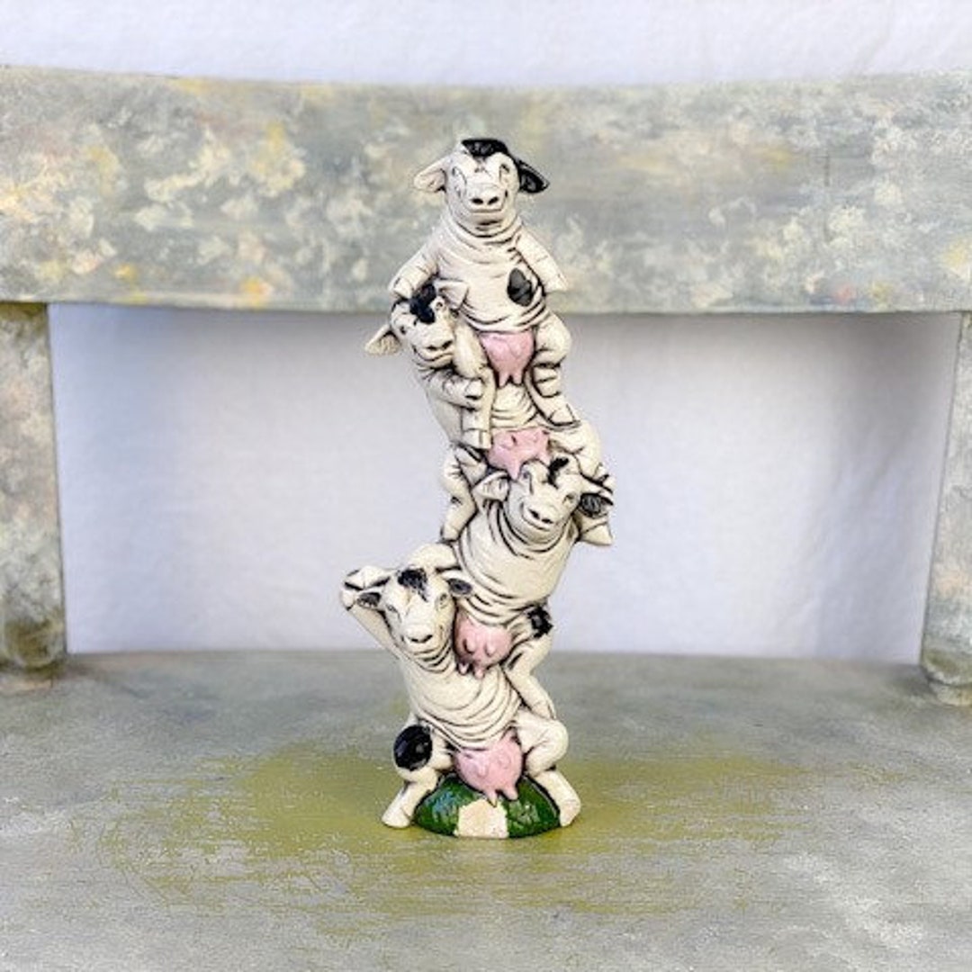 Vintage Ceramic Stack of 4 Crazy Cows Hand Painted White Black Spots ...