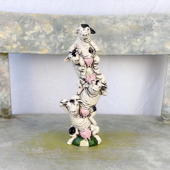 Vintage Ceramic Stack of 4 Crazy Cows Hand Painted White Black - Etsy