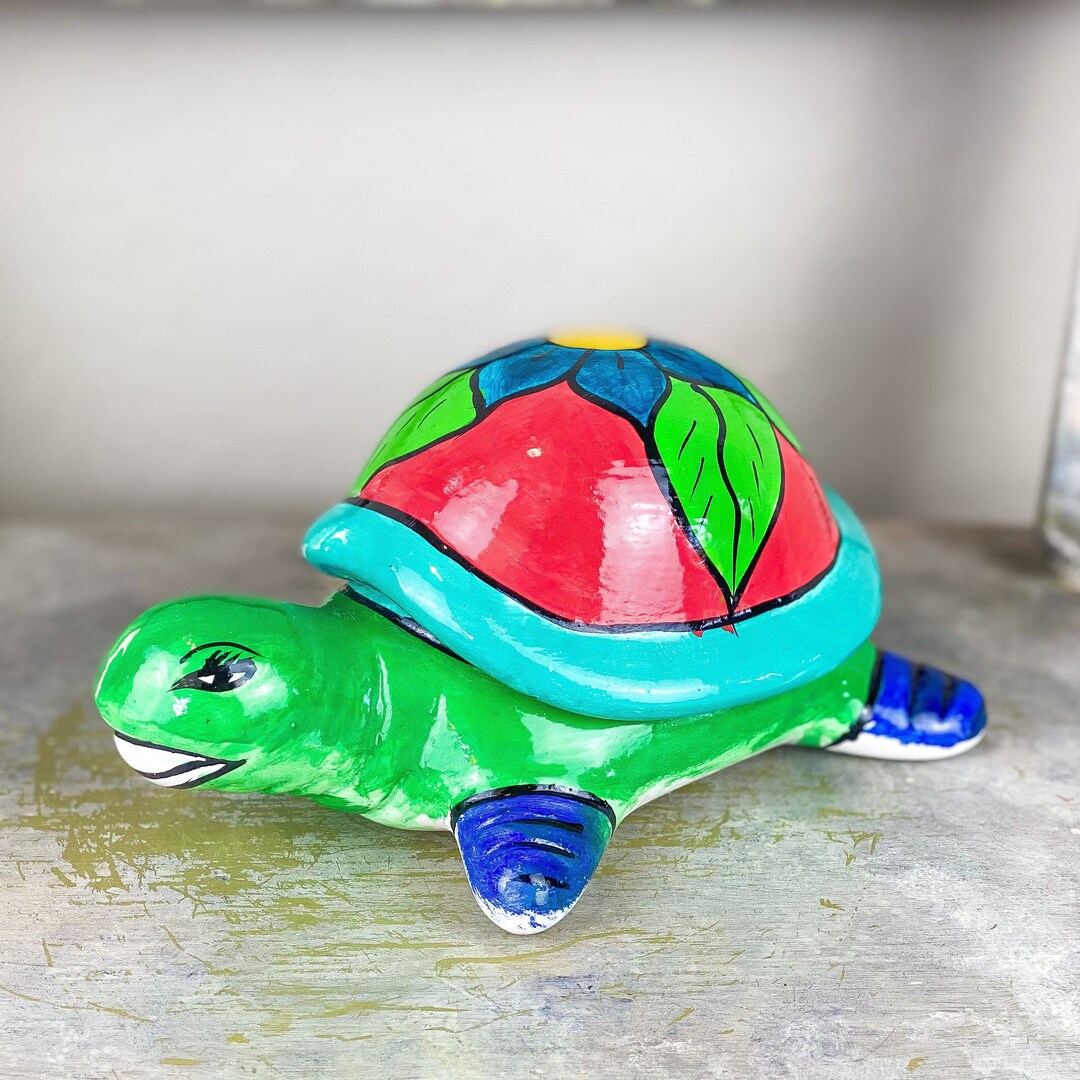 Mexican Folk Art Hand Painted Ceramic Turtle Tortoise Figurine Trinket ...