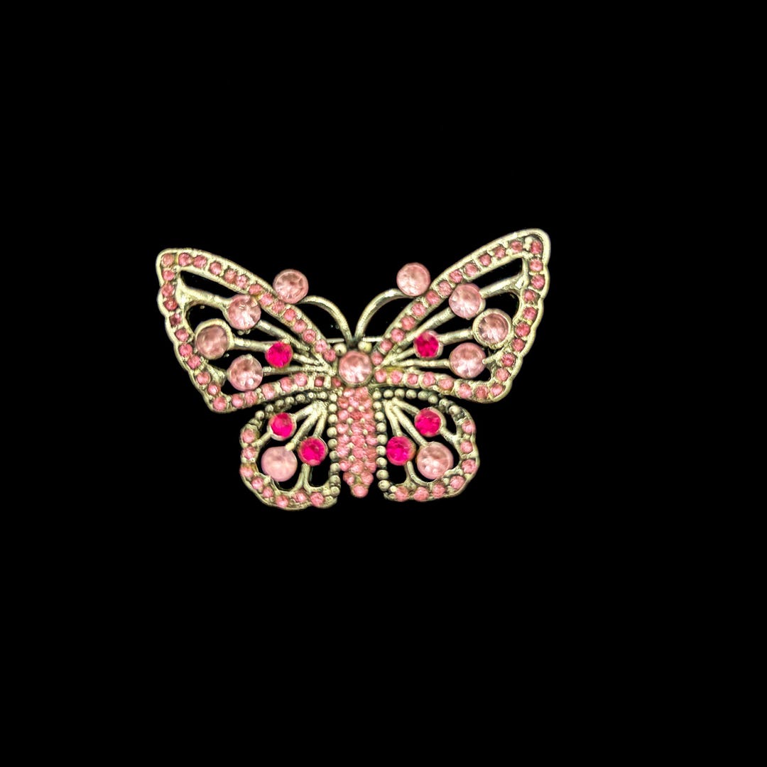 Vintage Soft Pink Butterfly Brooch Pin With Rhinestones Silvertone 2 ...