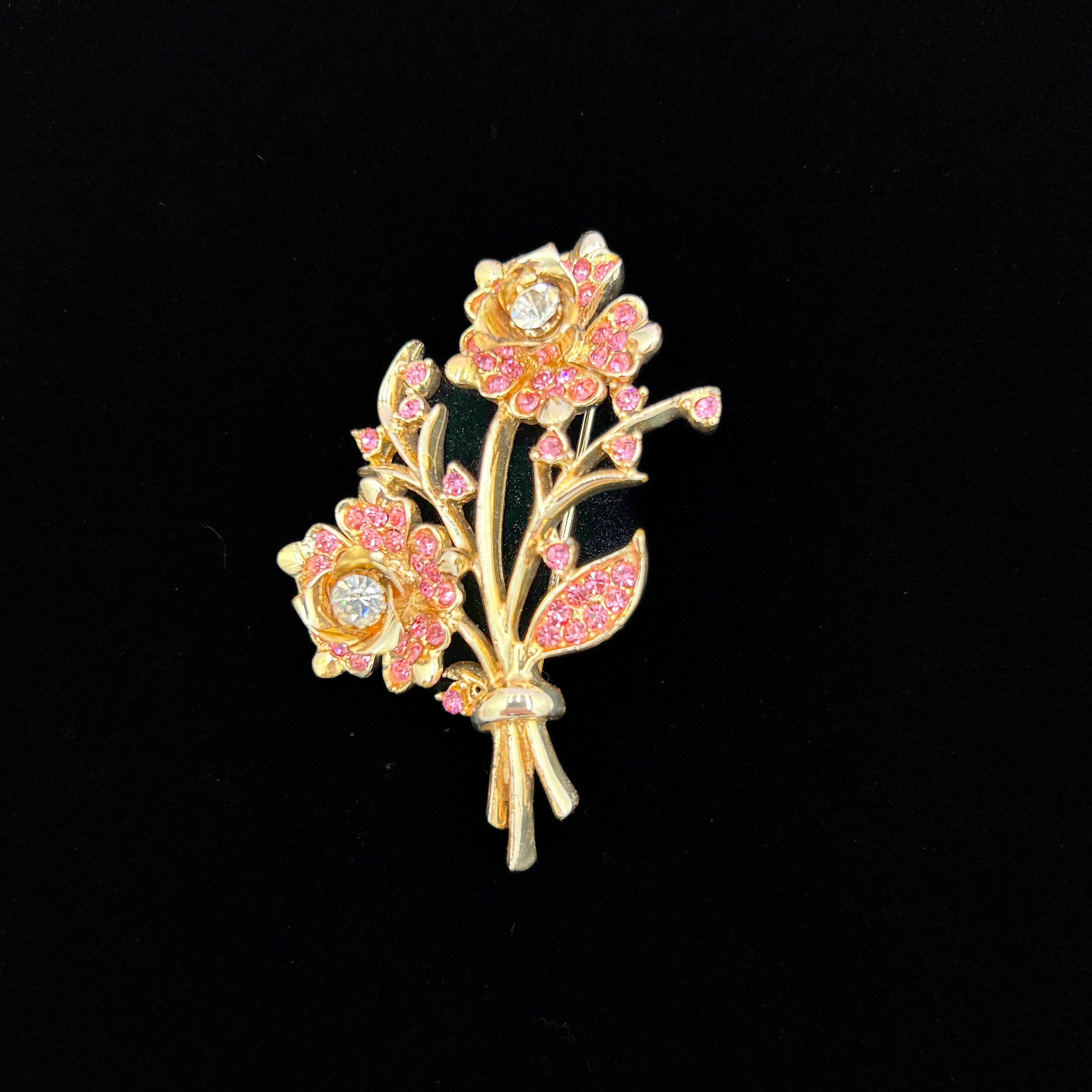 Vintage Soft Pink and Clear Crystals Spring Goldtone Floral Flower ...