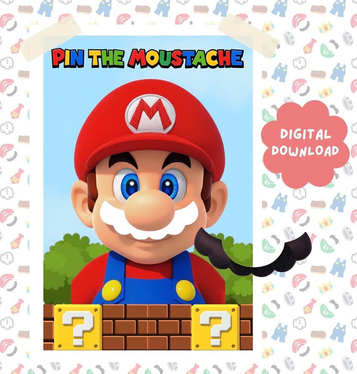 Pin the Moustache on Mario Party Game | Kids Birthday Activity (digital ...
