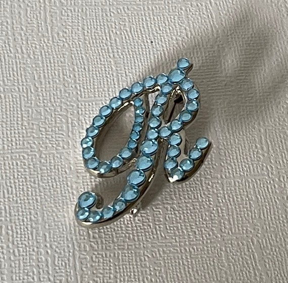 Vintage letter R brooch, rhinestone letter R pin, blu… - Gem
