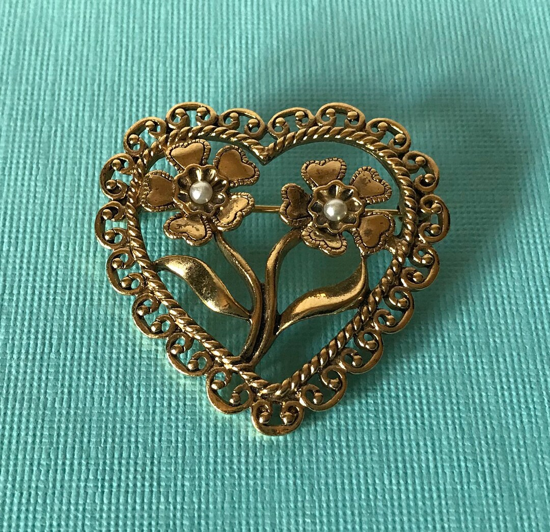 Vintage Heart Brooch, Gold Heart Pin, Faux Pearl Heart Pin, Flower ...