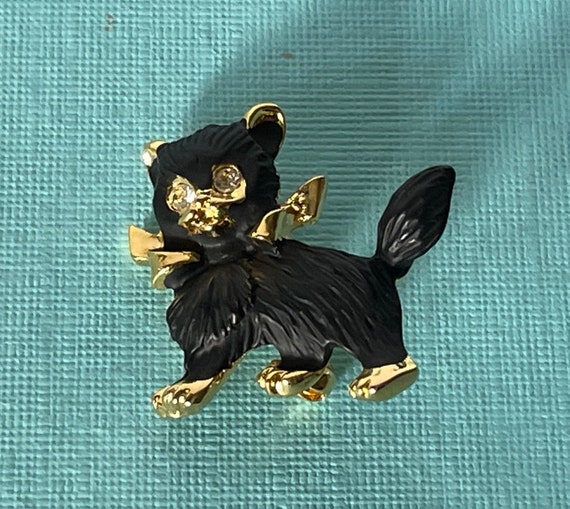 Vintage cat brooch, black cat brooch, rhinestone cat… - Gem