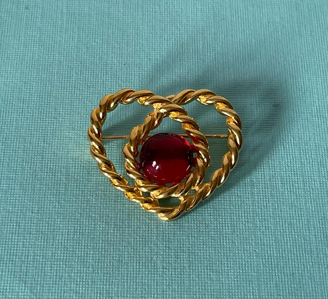 Vintage Heart Brooch, Red Heart Pin, Gold Heart Brooch, Valentine's ...