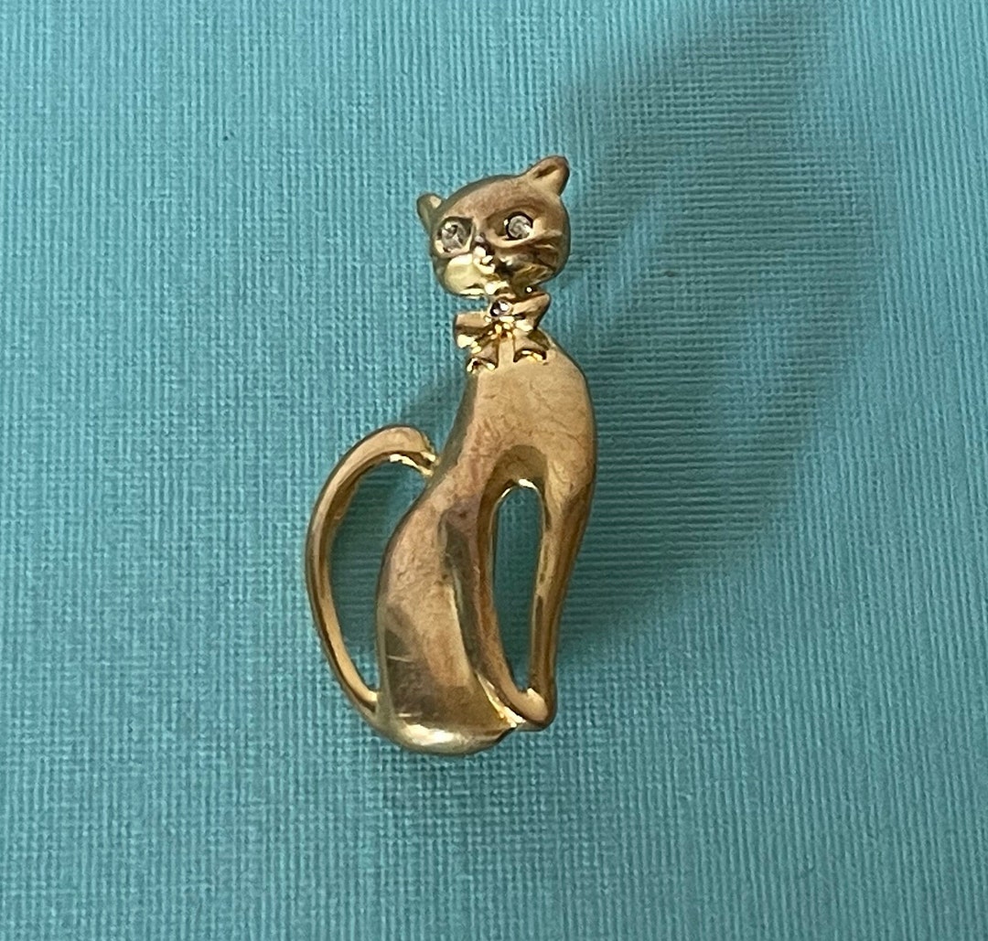 Vintage Cat Brooch, Rhinestone Cat Pin, Gold Cat Brooch, Cat Jewelry ...