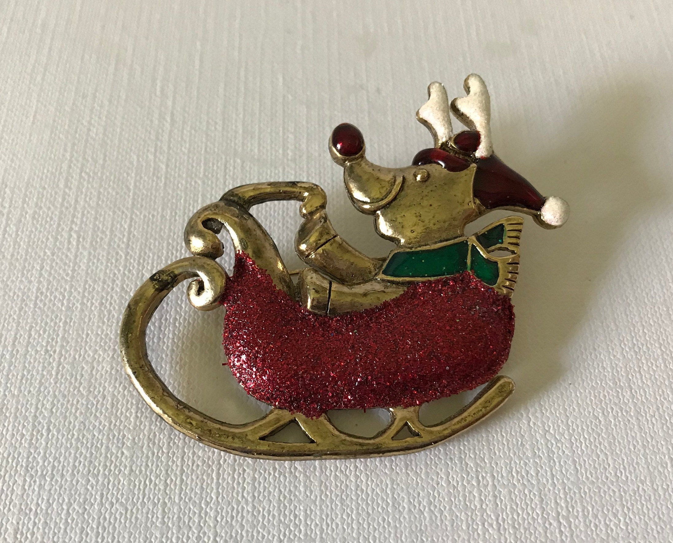 Vintage Reindeer Pin Reindeer in Sled Brooch Vintage Rudolph - Etsy